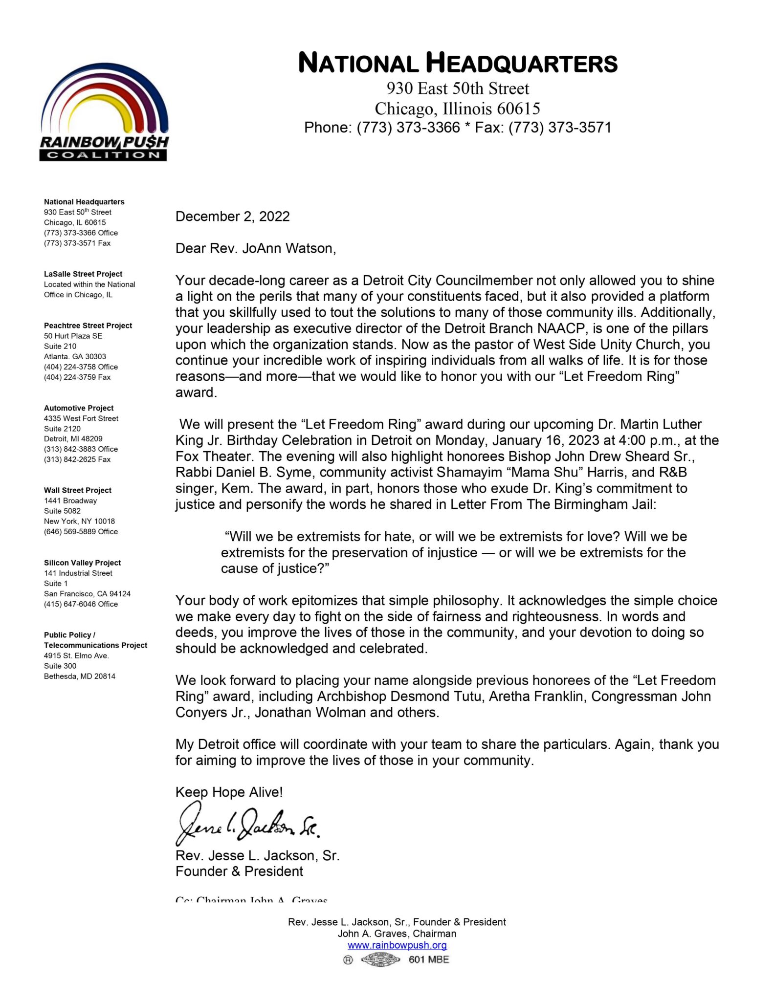 Rev. JoAnn Watson to Receive "Let Freedom Ring Award - Unity Urban ...